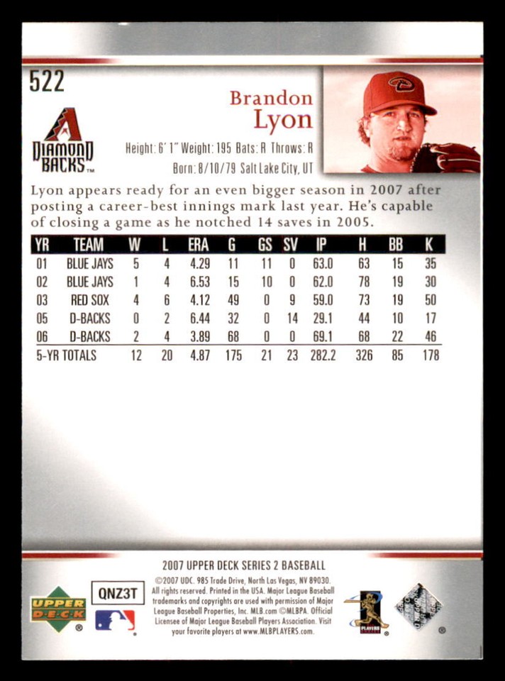 2007 Upper Deck #522 Brandon Lyon Arizona Diamondbacks | eBay
