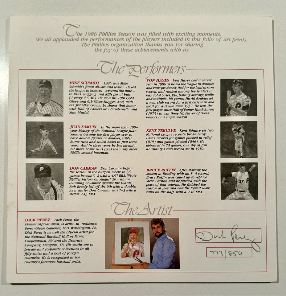 Philadelphia Phillies Great Performers of 1986 Art Prints Autographed ...