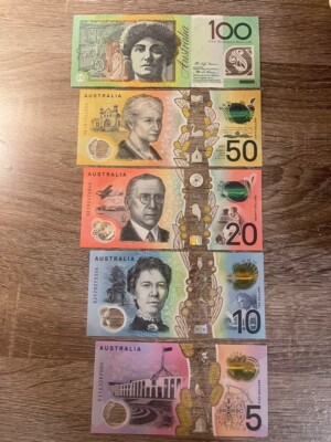 AUSTRALIA $100 + $50 + $20 + $10 + $5 Dollars AUD Polymer. 5 Bills ...