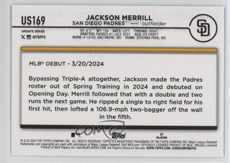 2024 Topps Update Rookie Debut Ghost Foil Jackson Merrill #US169 17rk ...