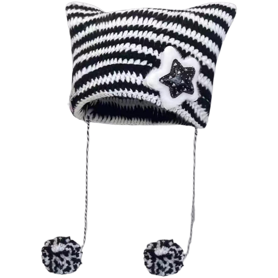 Knitted Cat Ear Beanie Warm Winter Hat for Women with Punk Cross Design ...