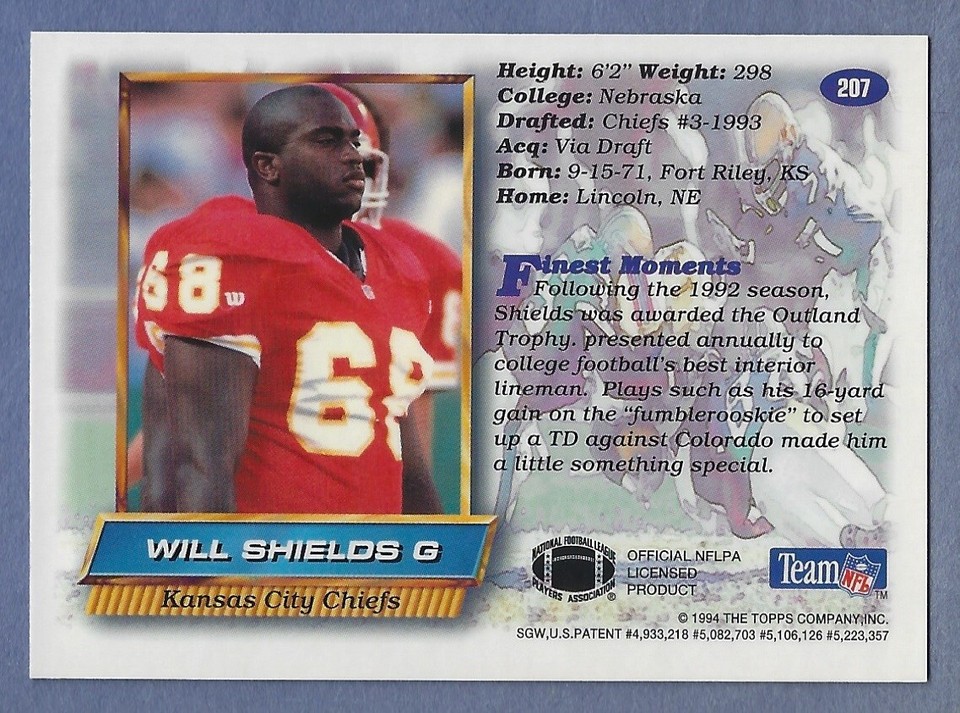 1994 Topps Finest Football #207 Will Shields Card Chiefs HOF | eBay