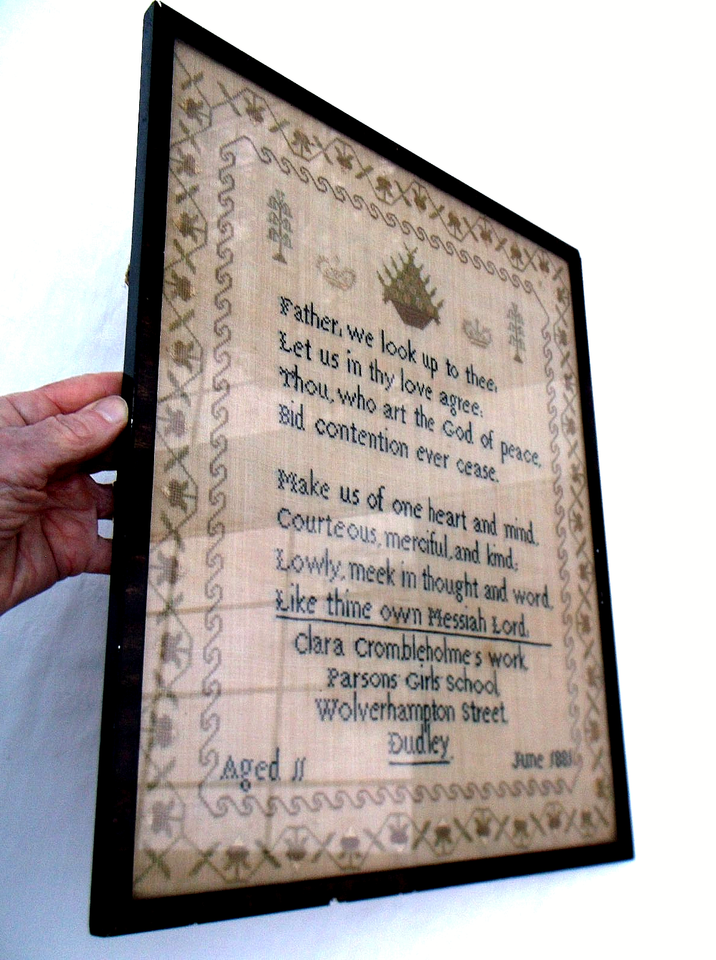 RARE ANTIQUE FRAMED 1881 SAMPLER "PARSONS GIRLS SCHOOL DUDLEY" BY PUPIL ...
