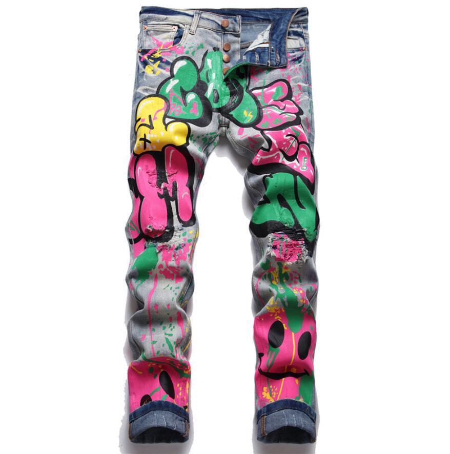 Men's Blue Color Printed Ripped Straight Leg Denim Jeans Casual Punk ...