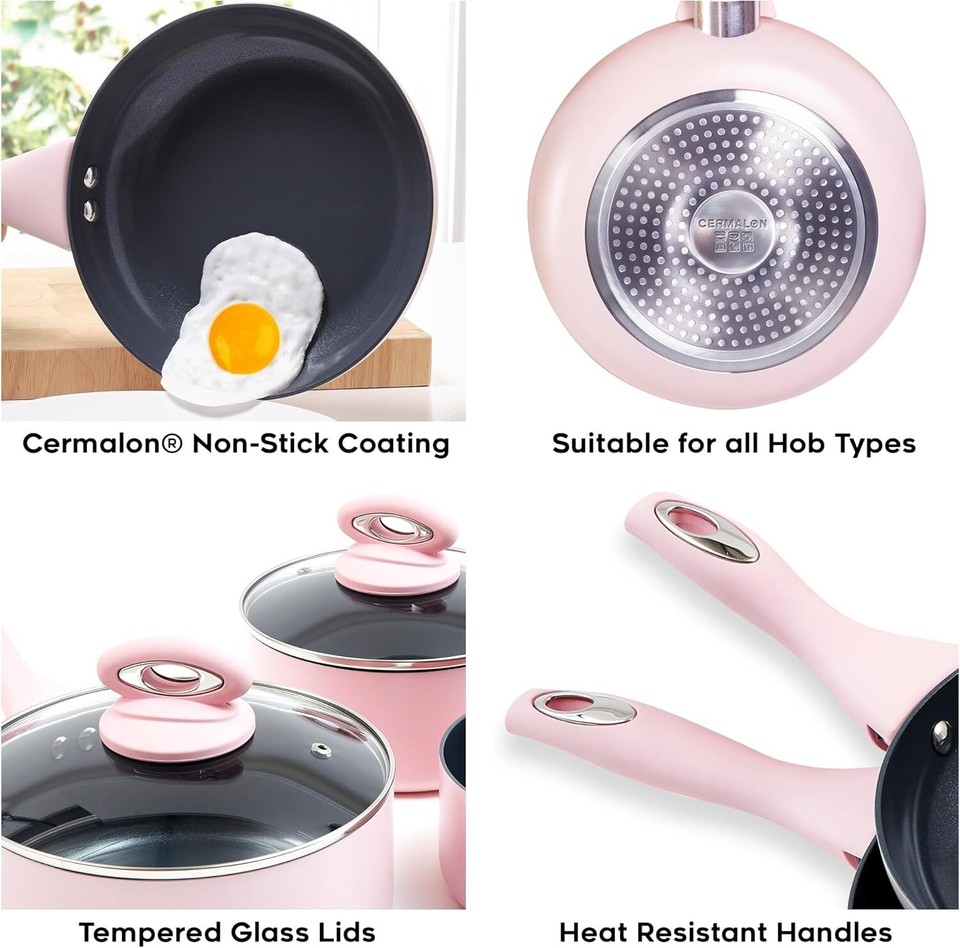 Premium Blush Pink 5-Piece Ceramic Cookware Set Includes Frying Pans ...