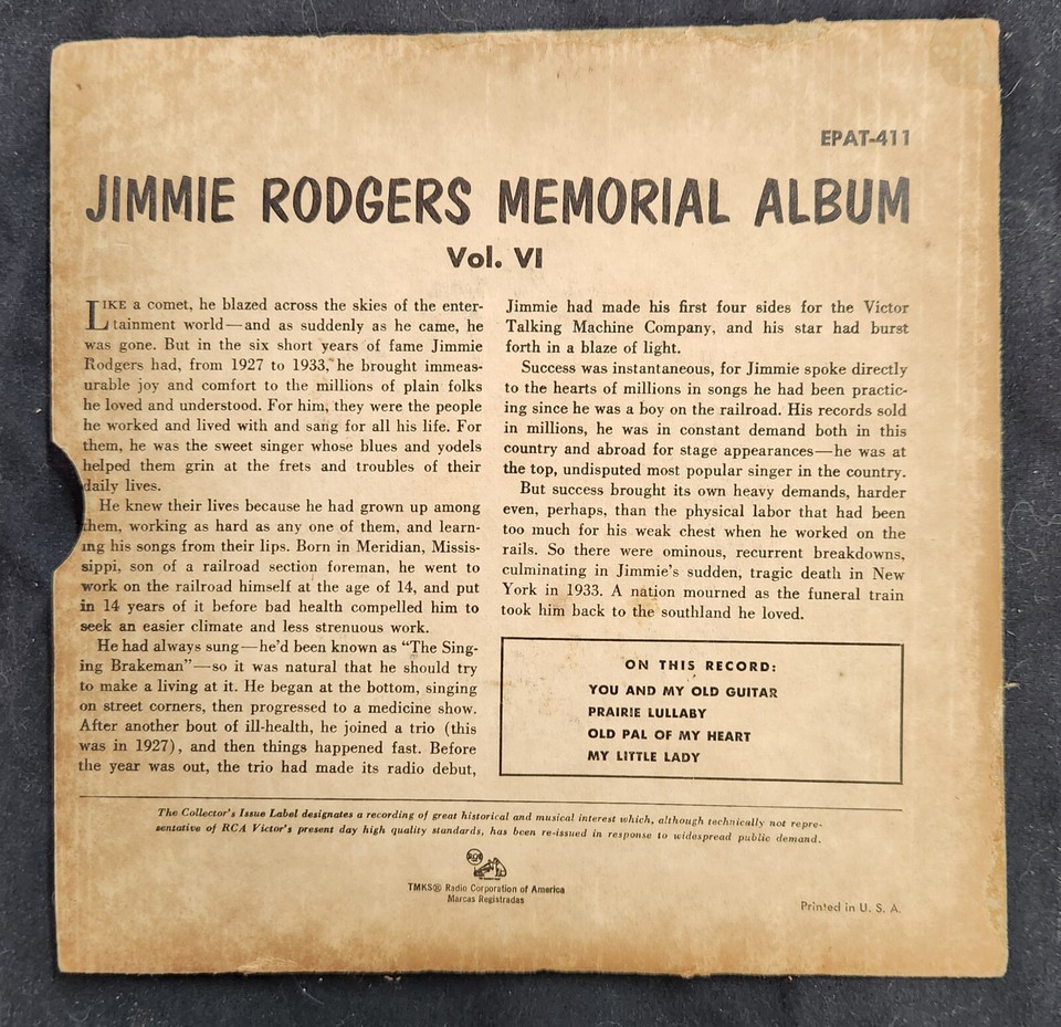 45 EP JIMMY RODGERS MEMORIAL ALBUM VOLUME 6 RCA VICTOR EPAT 411 COUNTRY ...