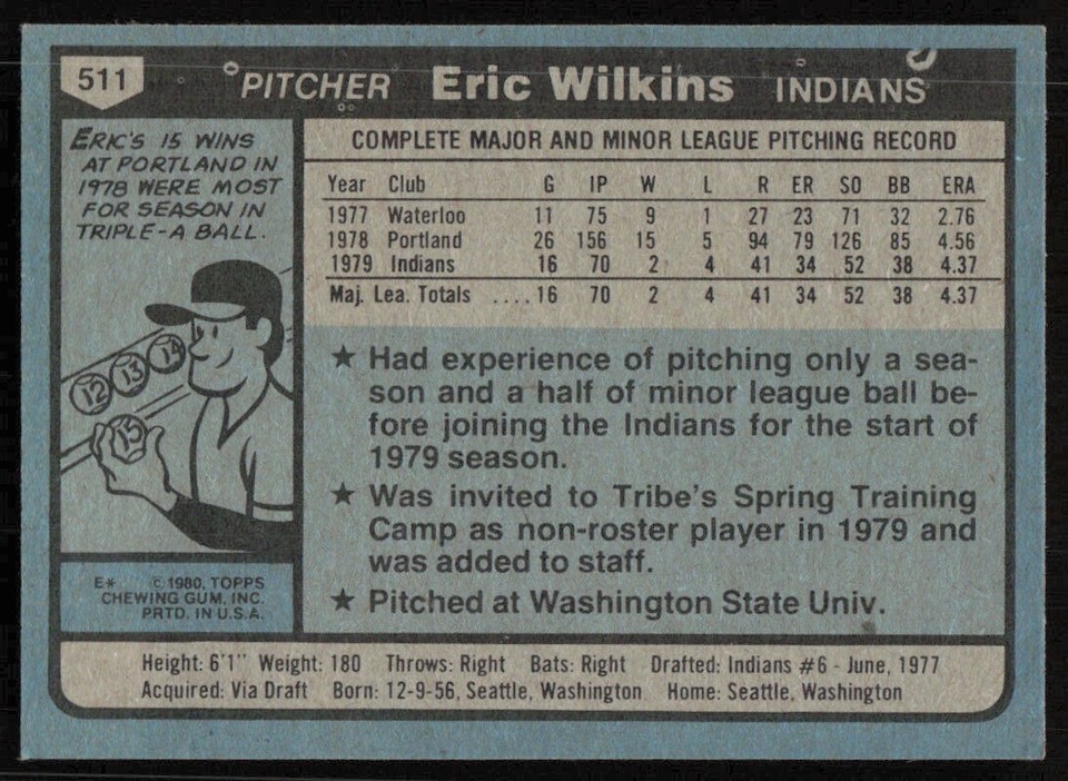 1980 Topps Eric Wilkins Rookie Cleveland Indians #511 | eBay