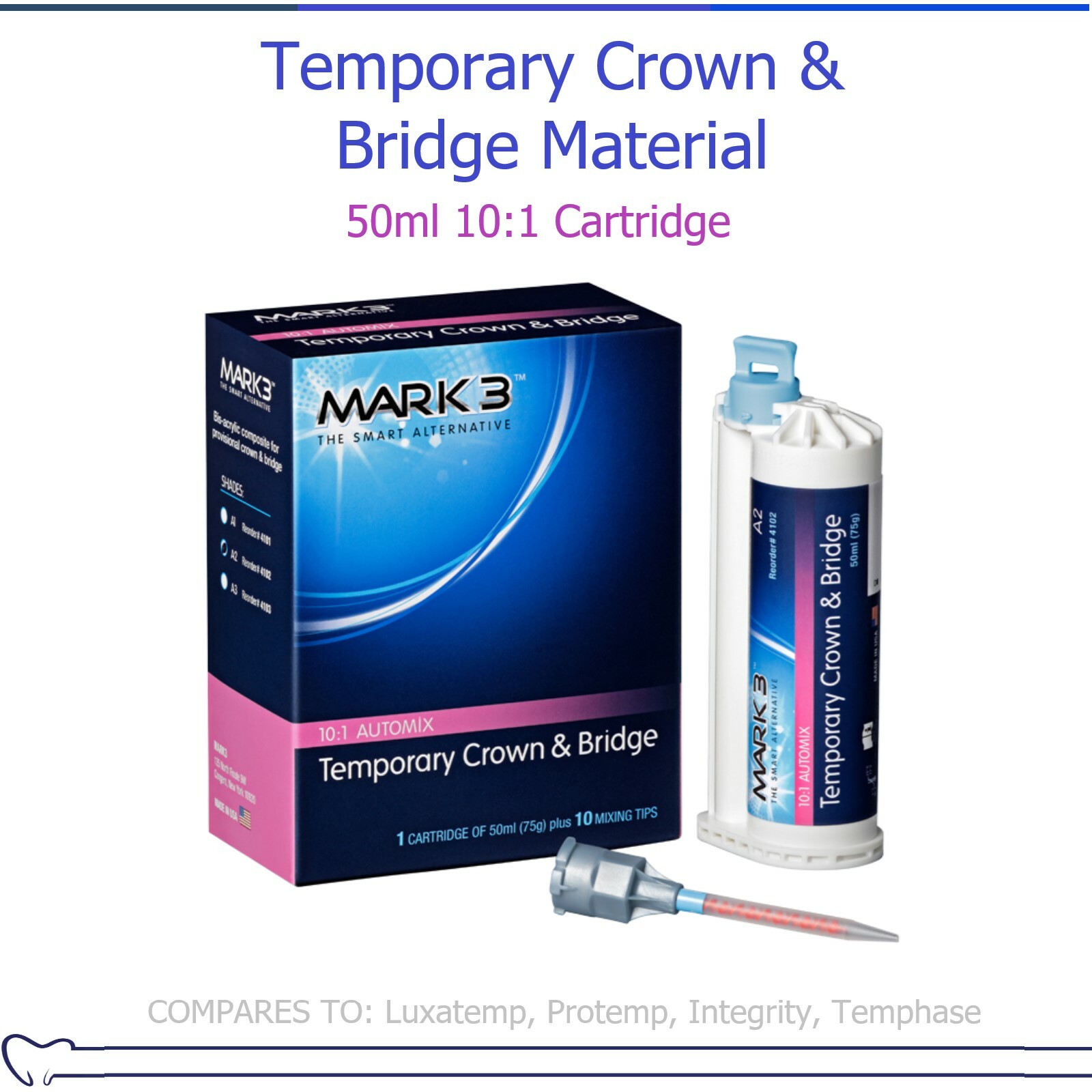 Dental Temporary Crown and Bridge Material, 50ml & 10 tips, Shade A2 ...