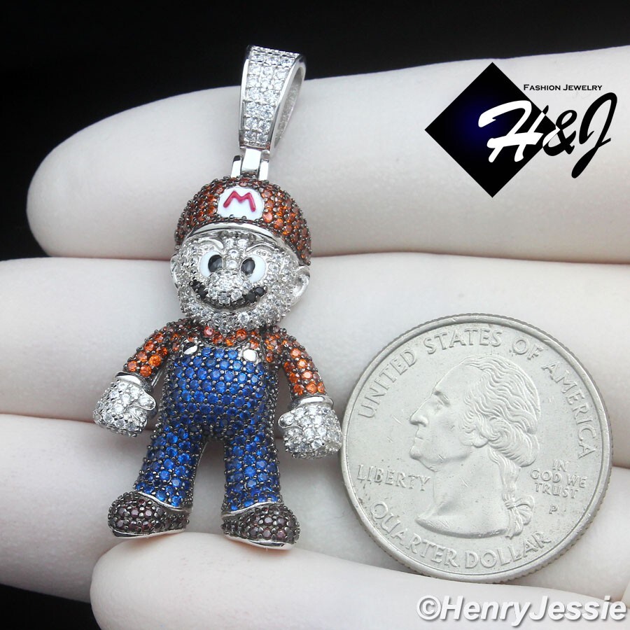 925 STERLING SILVER ICY CZ GOLD PLATED/SILVER HIPHOP 3D SUPER MARIO ...