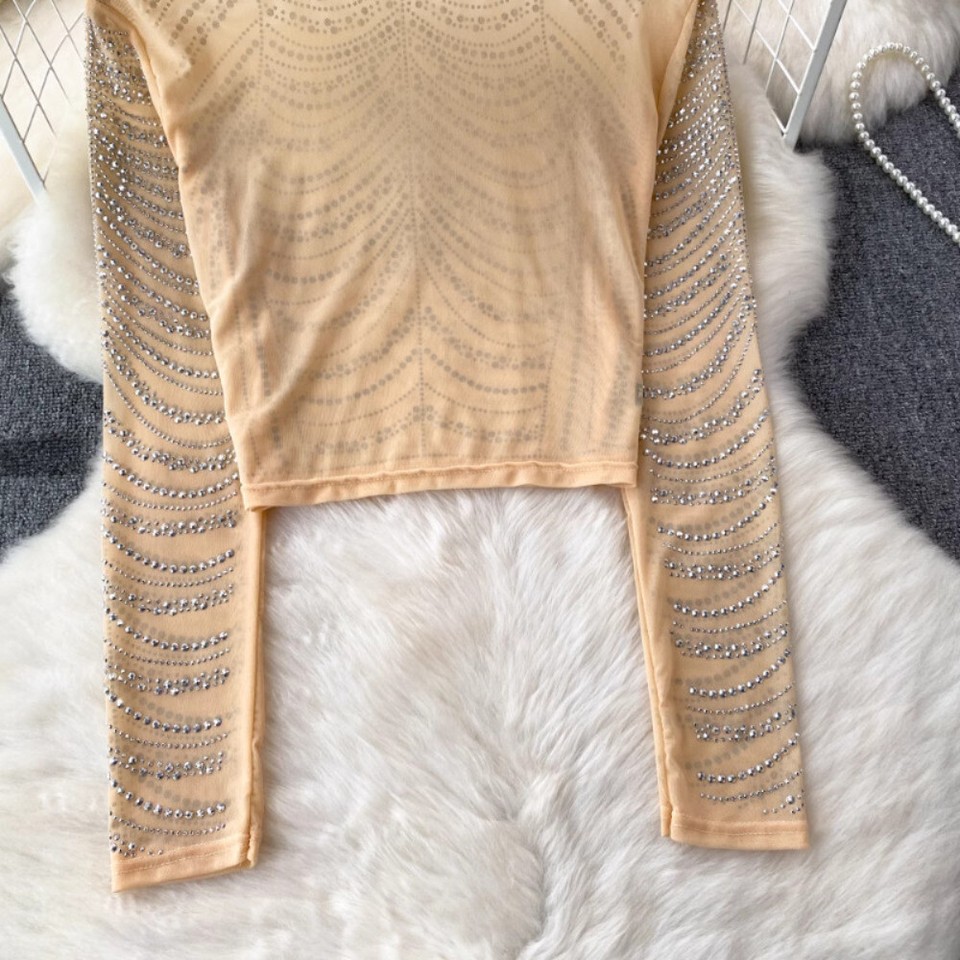 Women Sheer Mesh Crystal Shirts Rhinestone T-shirts Tops Blouse Slim ...