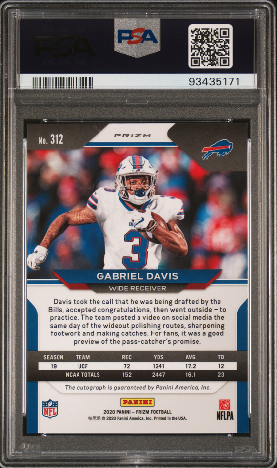 Gabriel Davis 2020 Panini Prizm Rookie Autograph PSA 10 GEM MINT POP 11 ...