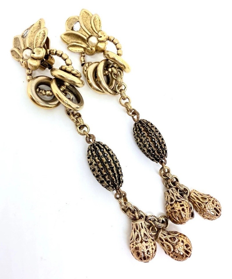 Long NORMA JEAN Gold Tone Rhinestone Drop Dangle Earrings Signed ...