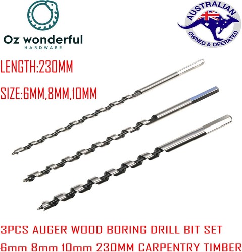 3pc 6mm 8mm 10mm Auger Wood Boring Drill Bit Set 230mm for Carpentry ...