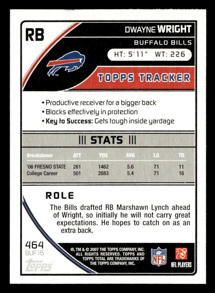 Dwayne Wright 2007 Topps Total Rookie Card #464 Buffalo Bills | eBay