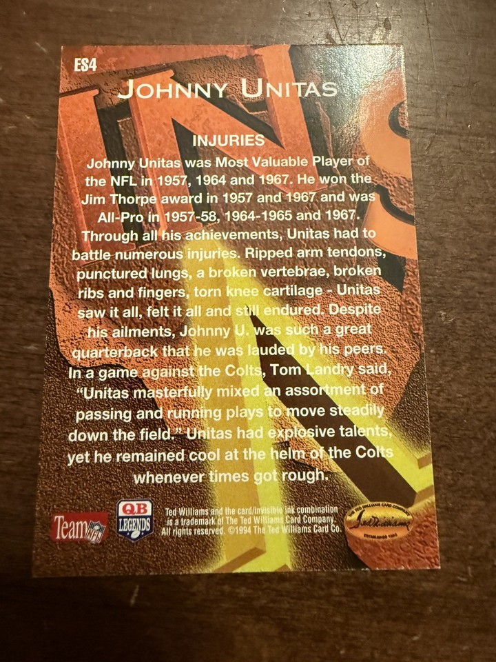 JOHNNY UNITAS 1994 The Ted Williams Card Company Etched In Stone Colts ...