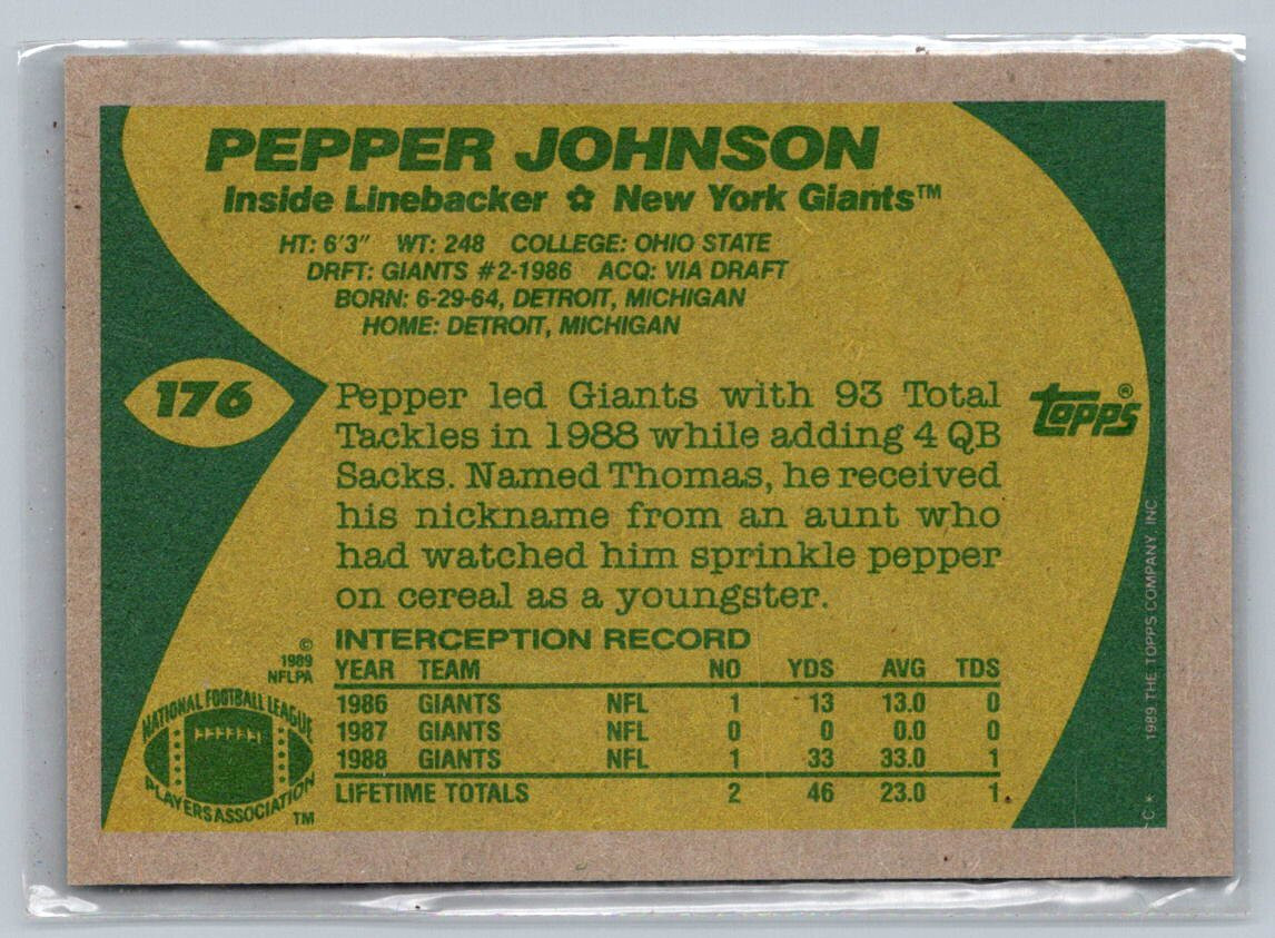 Pepper Johnson 1989 Topps Football Card #176 New York Giants *H 1cy | eBay