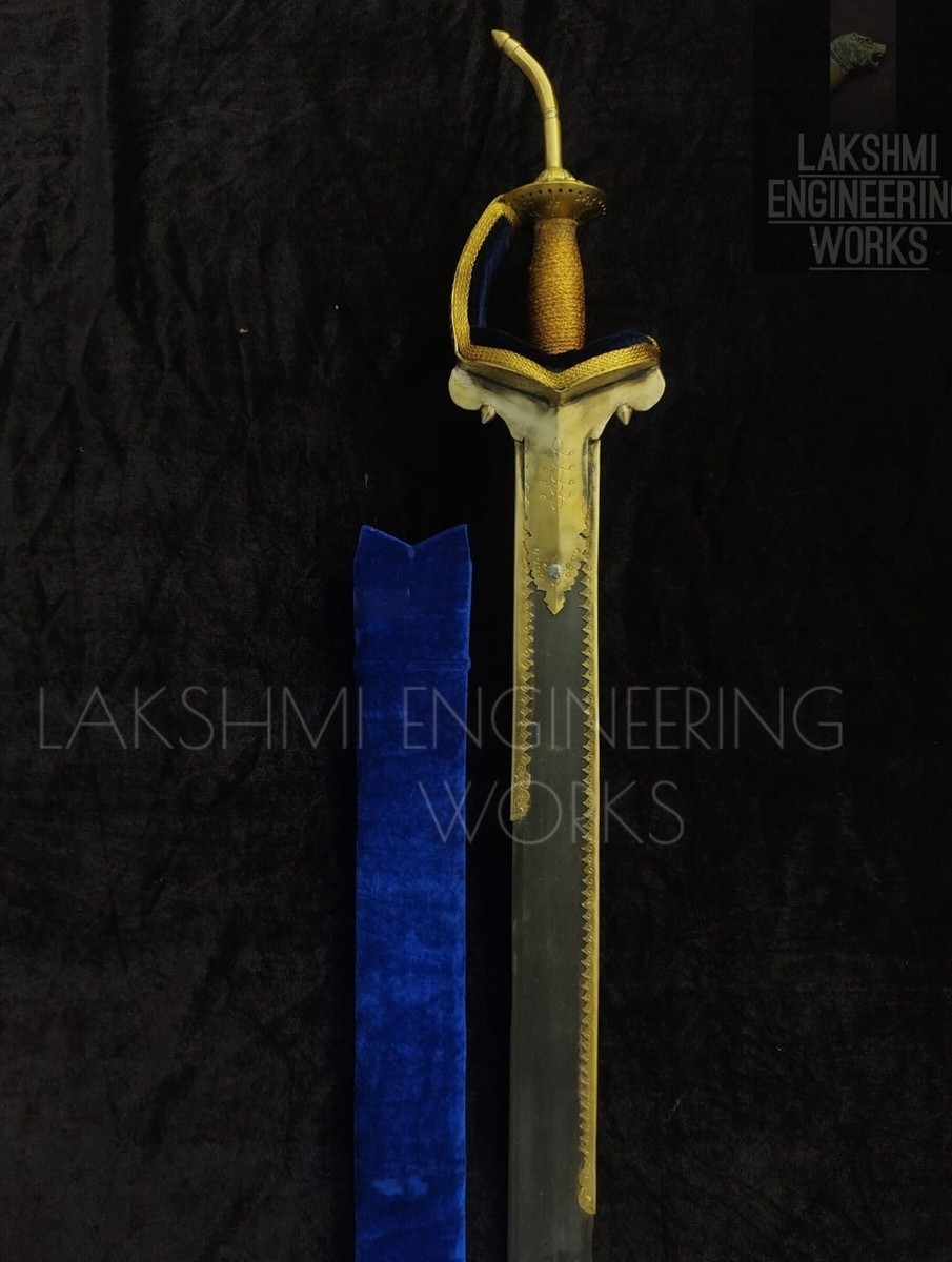 Khanda Sword PH Khanda Sword Handle Chiseled Steel Blade Blue Golden