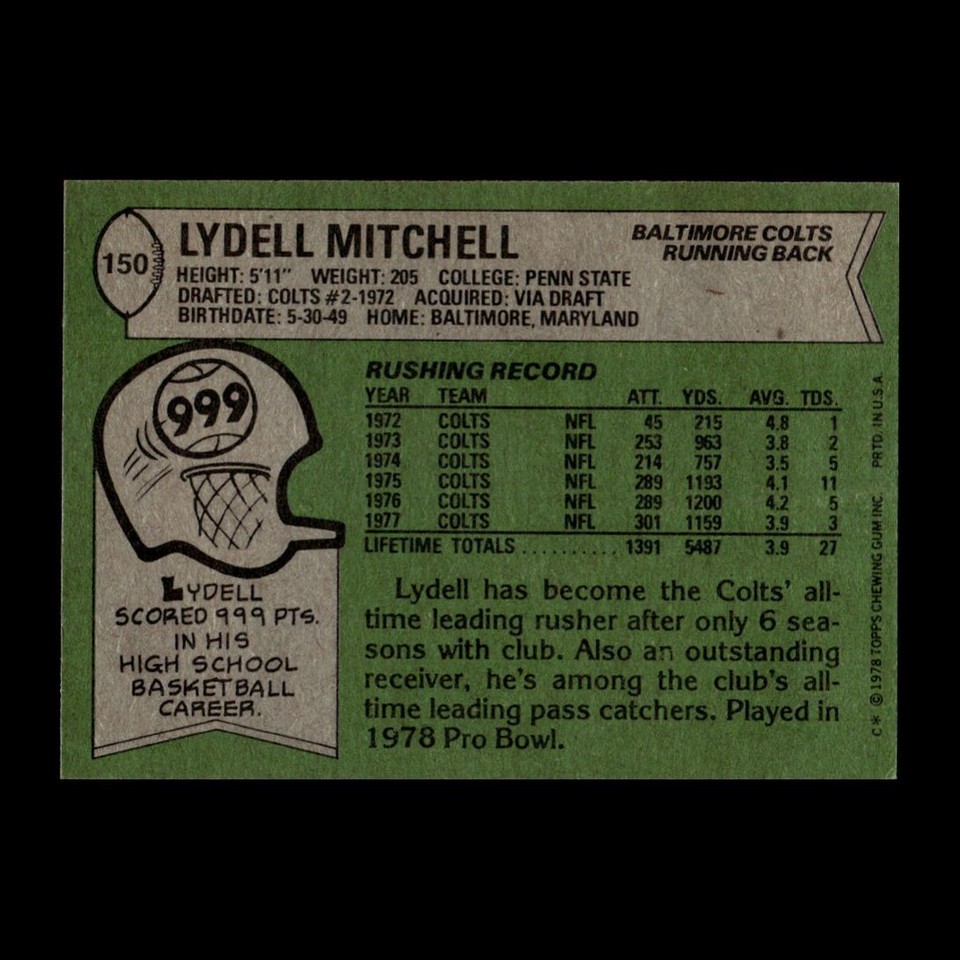 Lydell Mitchell 1978 Topps Baltimore Colts #150 R308F 4 | eBay