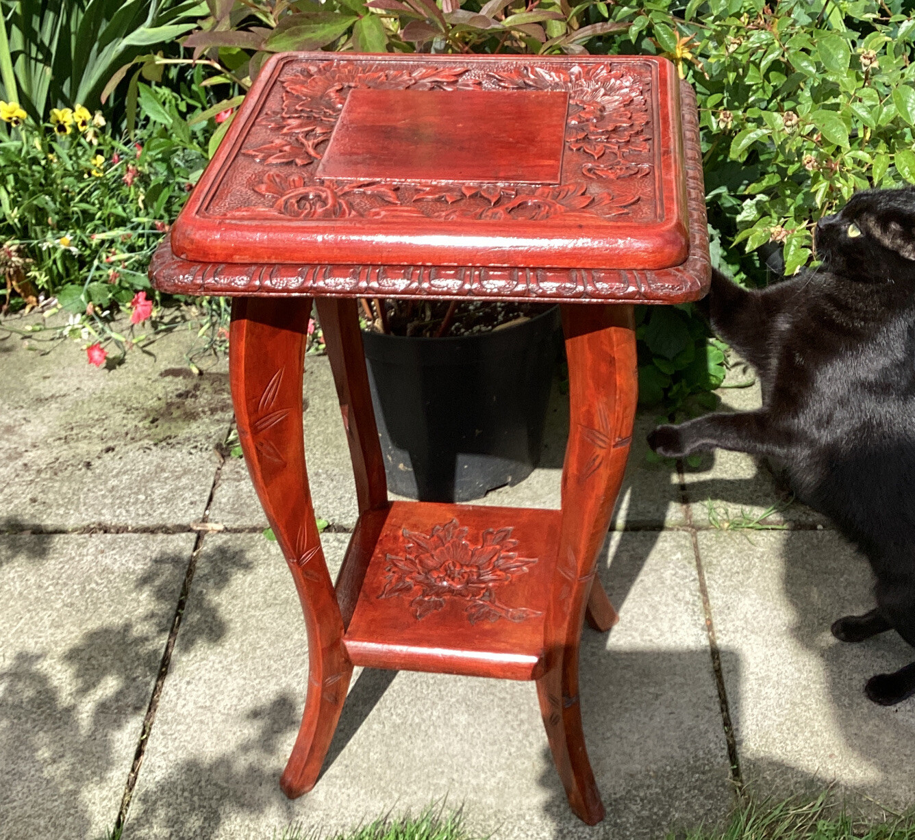 Antique Chinese 2 Tier Table / Stand. Red Lacquer. Carved Peony Borders ...