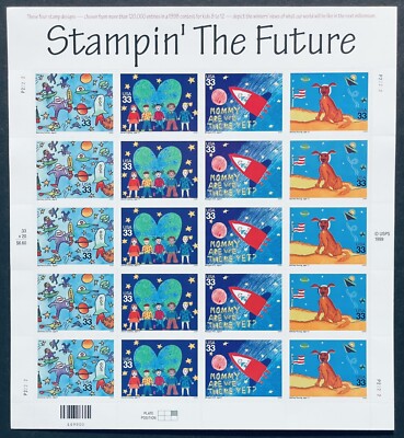 US 2000 STAMPIN THE FUTURE S/A STAMPS SHEET 20 MNH KIDS STAMP DESIGNS ...