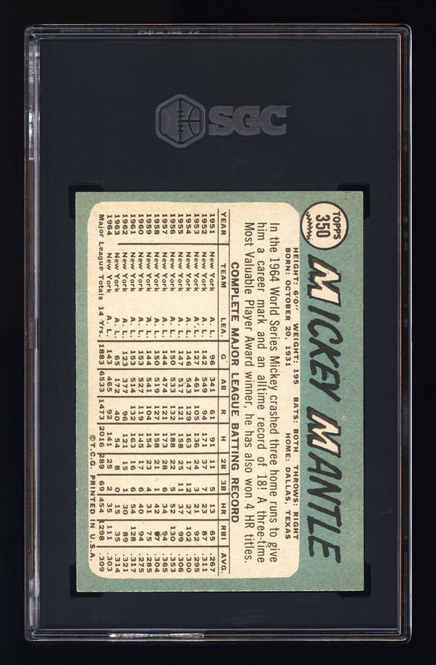 1965 Topps 350 Mickey Mantle SGC 6.5 Excellent-Mint+ Extraordinary ...