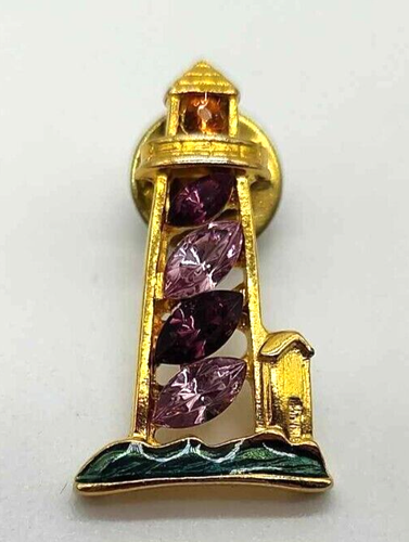 Lighthouse Lapel Pin Vintage Purple Rhinestone Aqua Enamel Gold Tone ...
