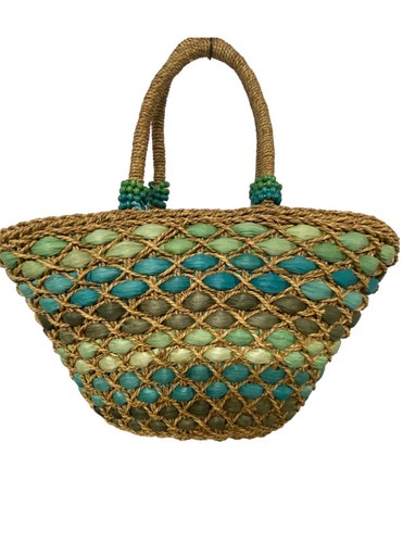 Woven Blue Green Turquoise Straw Bag Tote Summer Beach Fabric Lining w ...