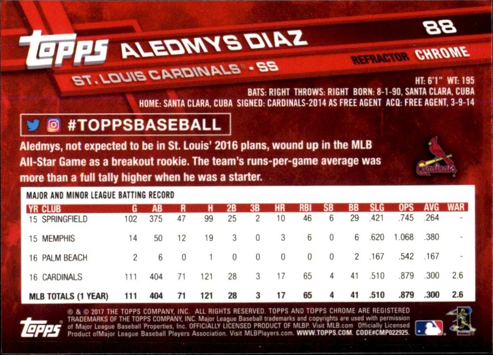 2017 Topps Chrome PINK REFRACTOR #88 Aledmys Diaz ST. LOUIS CARDINALS ...