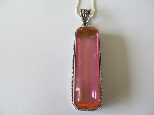 NEW LARGE RECTANGLE FACETED PINK TOPAZ CRYSTAL PENDANT STERLING SILVER ...