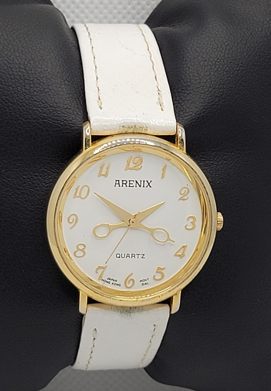 Ladies Arenix Gold Tone Hairdresser Scissor Dial White Leather Band ...