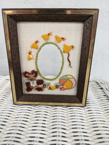 Vintage Crewel Embroidered Needlepoint Frame Baby Picture Bear Ducks ...