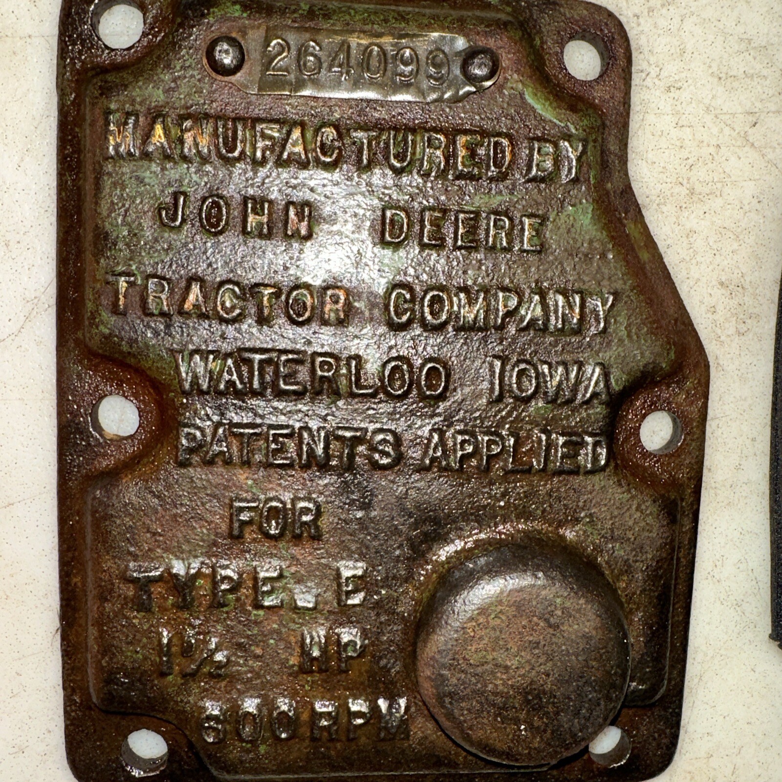 John Deere 1-1/2hp E Governor Cover Serial # 264099 Hit Miss Stationary ...