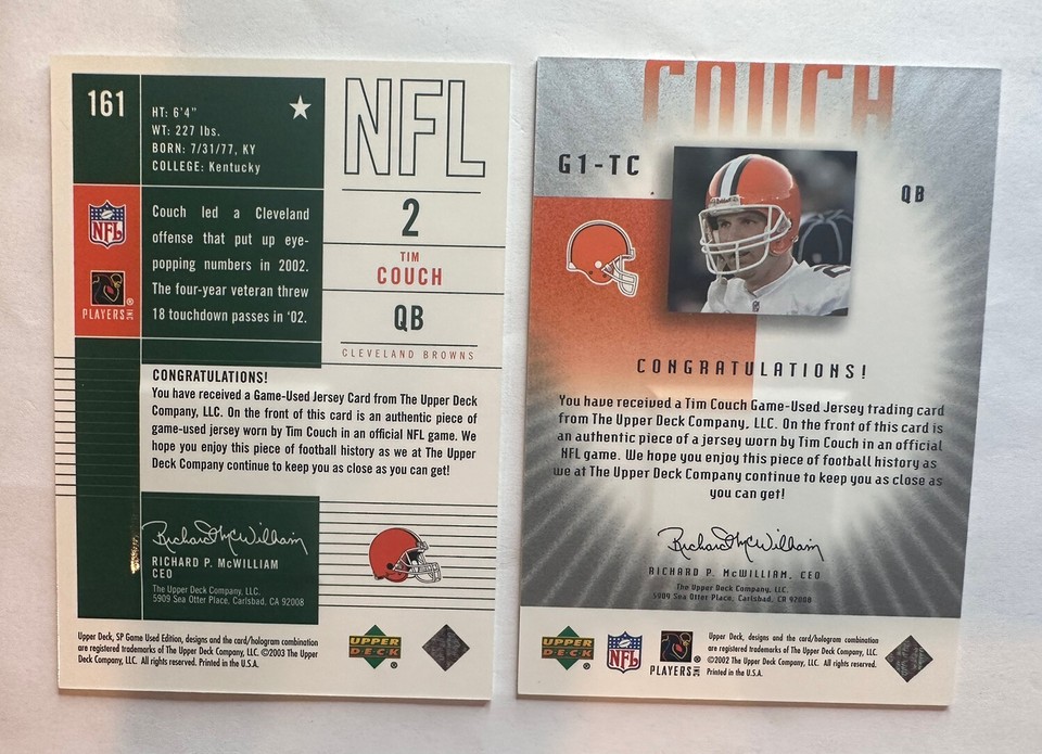 Tim Couch - 2002 Upper Deck UD Graded Jersey /200 + 2003 SP Game Used ...