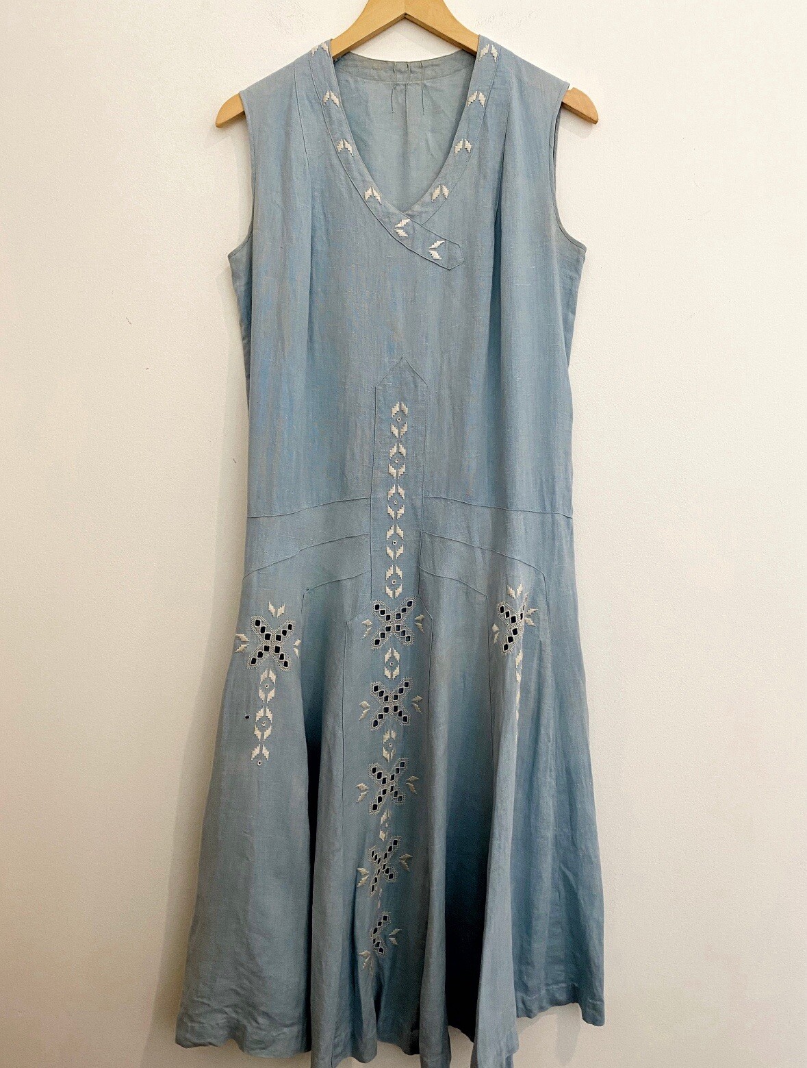 1920s/20s Blue Linen Dress Embroidered Drop Waist Dre… - Gem