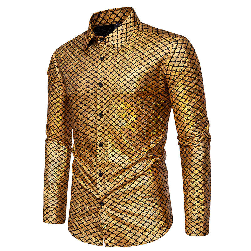 Men Shiny Shirt Fish Scale Tops Button Tops Blouse Stage Costume Dress ...