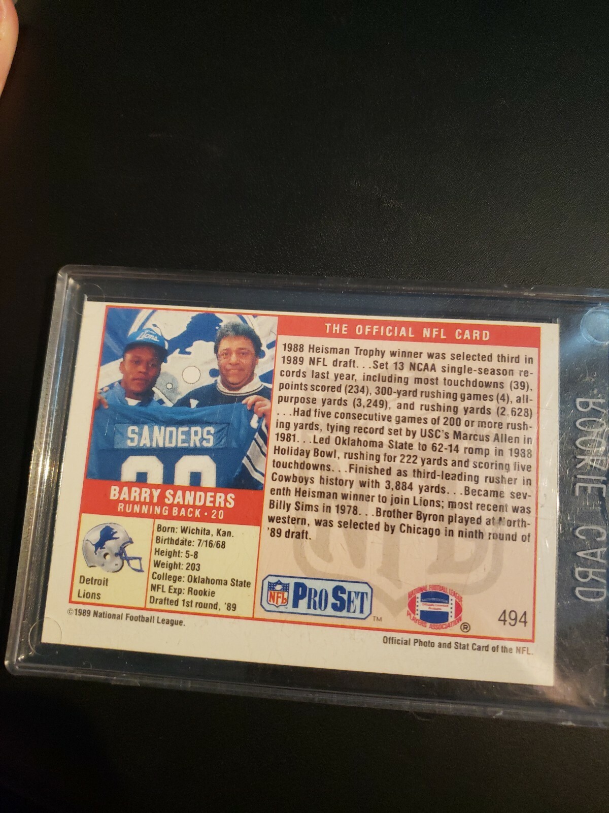 BARRY SANDERS 1989 PRO SET ROOKIE CARD #494 LIONS!!! Very Nice Card! No ...
