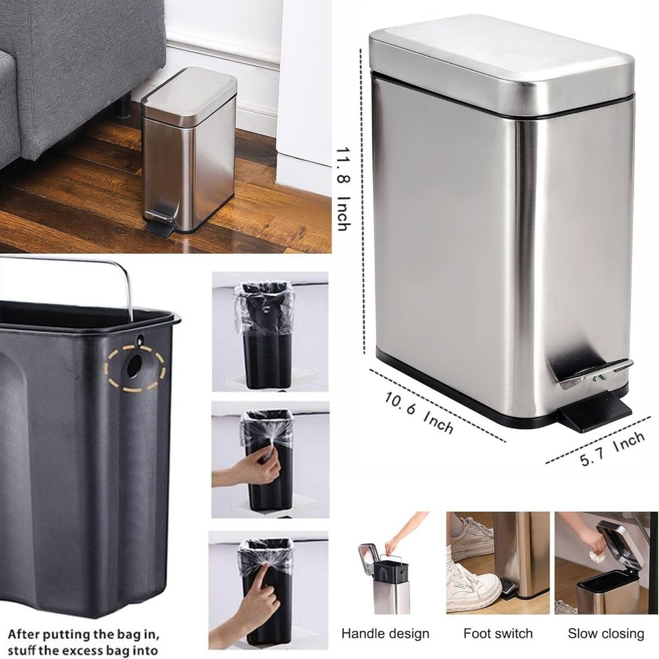 Rectangular Stainless Steel Trash Can Wastebasket with Lid Soft Silver ...