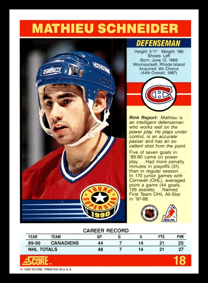 1990-91 Score Young Superstars Mathieu Schneider #18 Montreal Canadiens ...