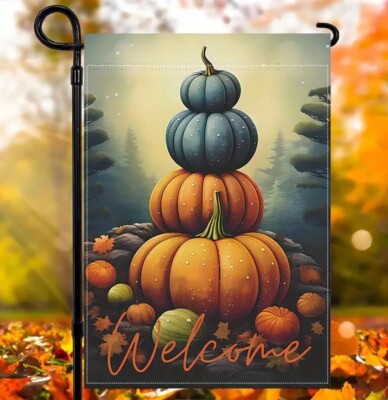 Halloween Fall Welcome Blue & Orange Stacked Pumpkins Burlap Garden ...