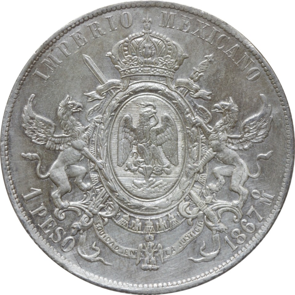 Mexico 1 peso 1867 Mo, VF Det., "Emperor Maximilian I (1863 - 1867 ...