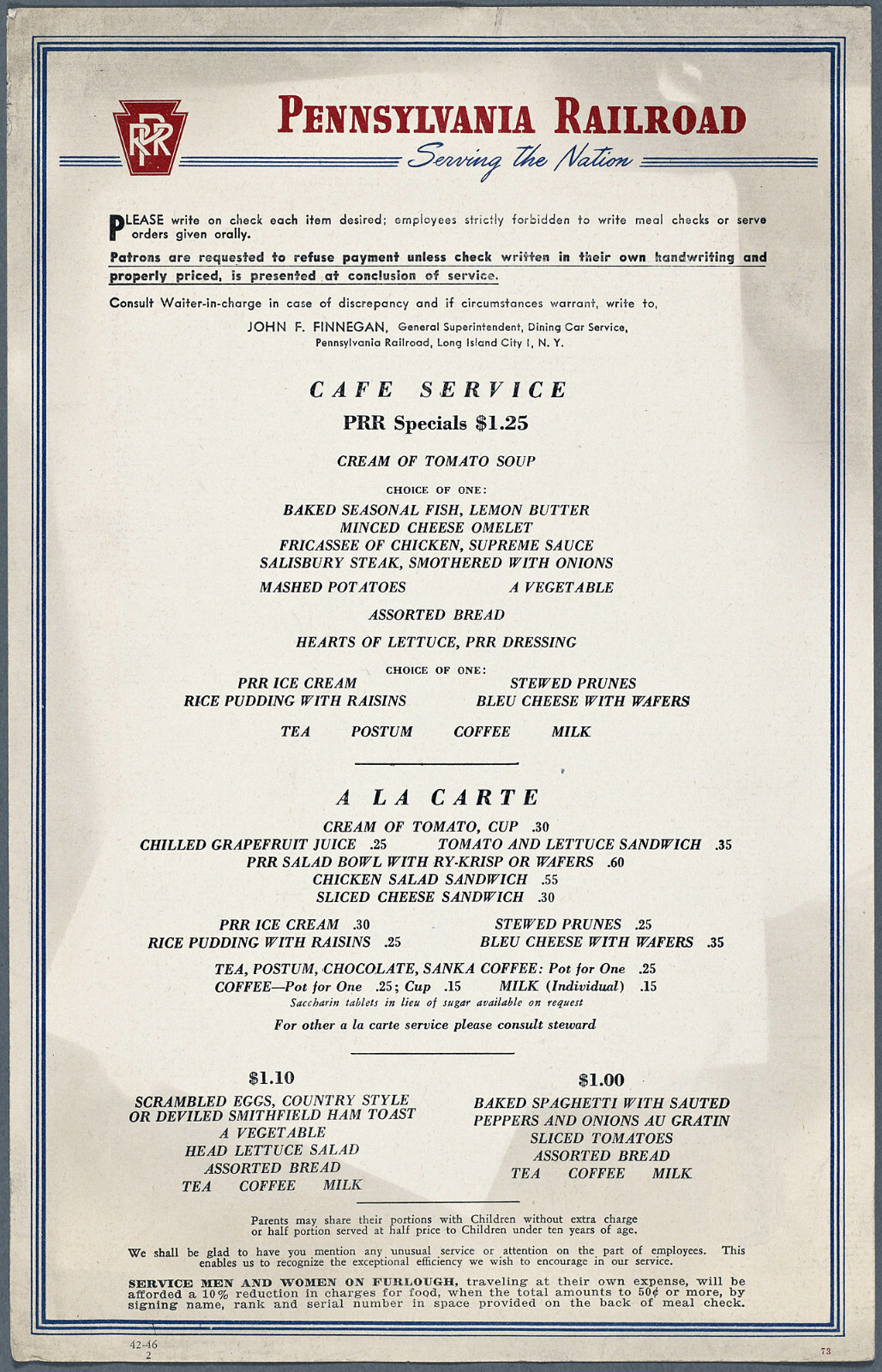 Pennsylvania Railroad Train Dining Car Service Menu PHOTO 1946 | eBay