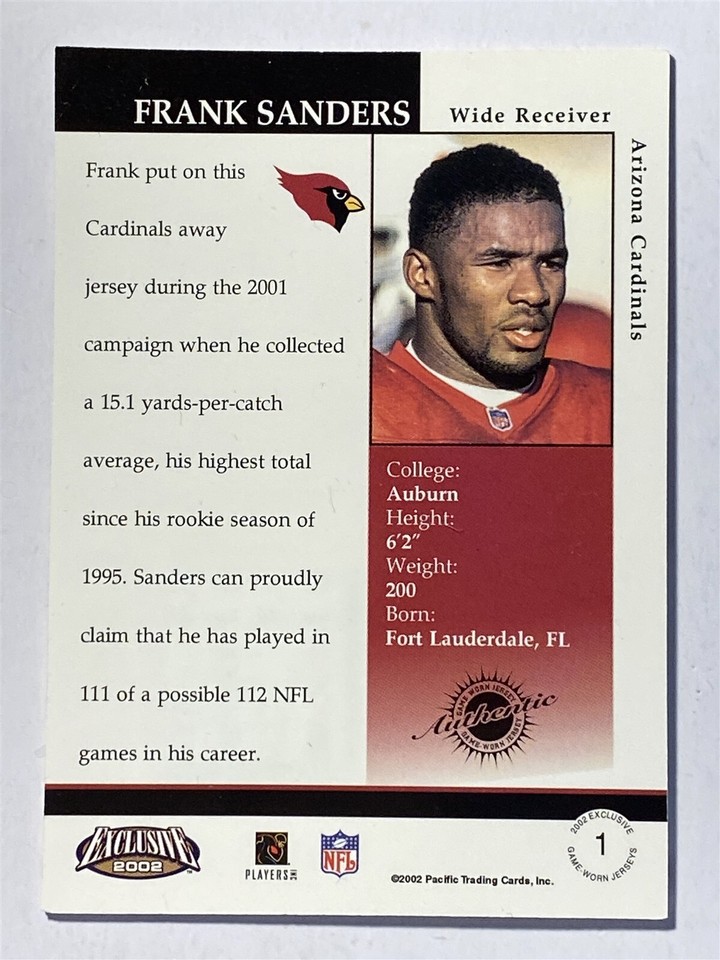 FRANK SANDERS cardinals 2002 Pacific Exclusive #1 JERSEY (F5) | eBay