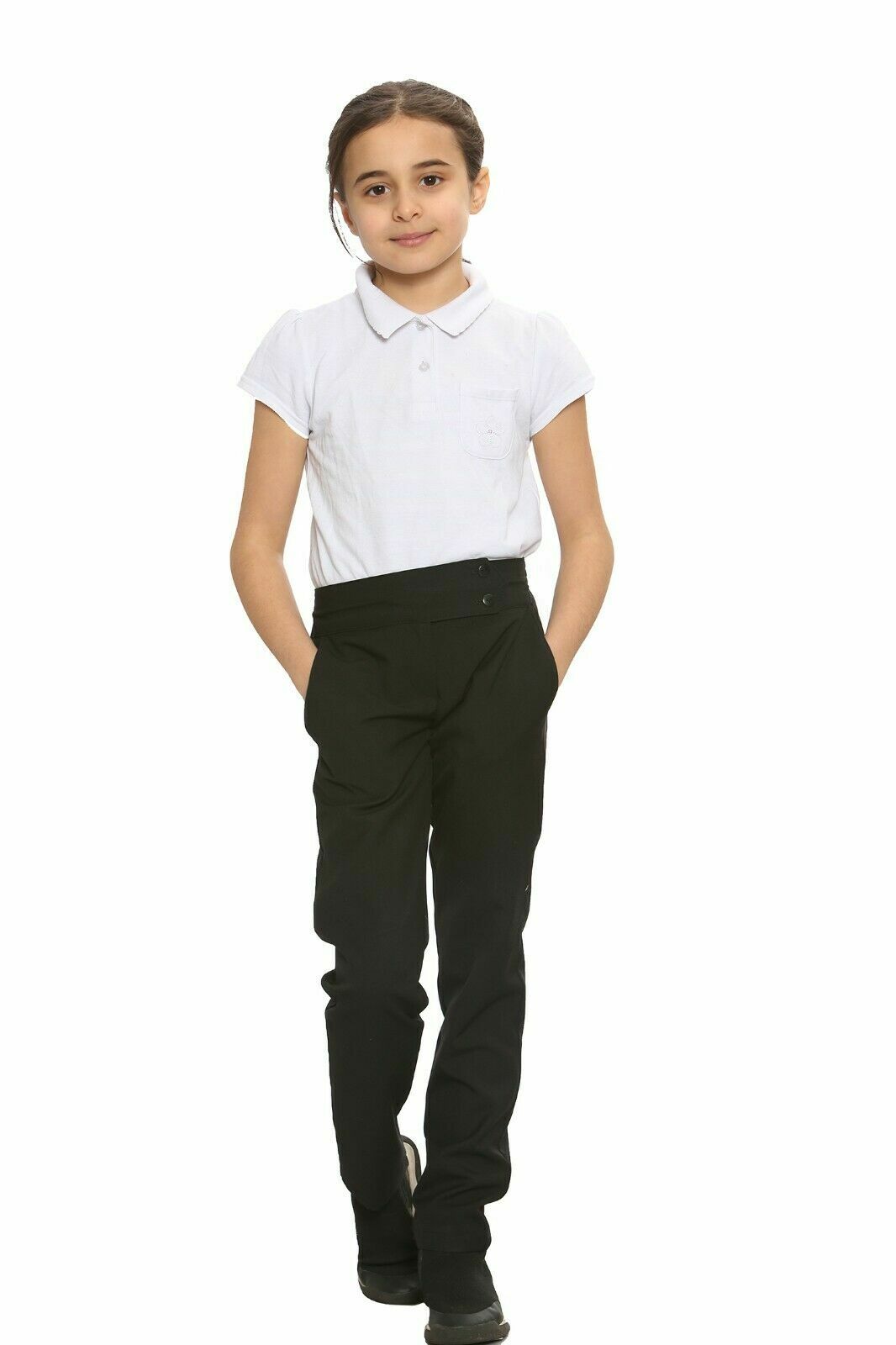 2 Button Front Belt Girls Half Elastic Waist School Uniform Trouser ...