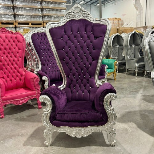 Throne Chair French Style Purple Velvet High-Back Tufted Silver Throne ...