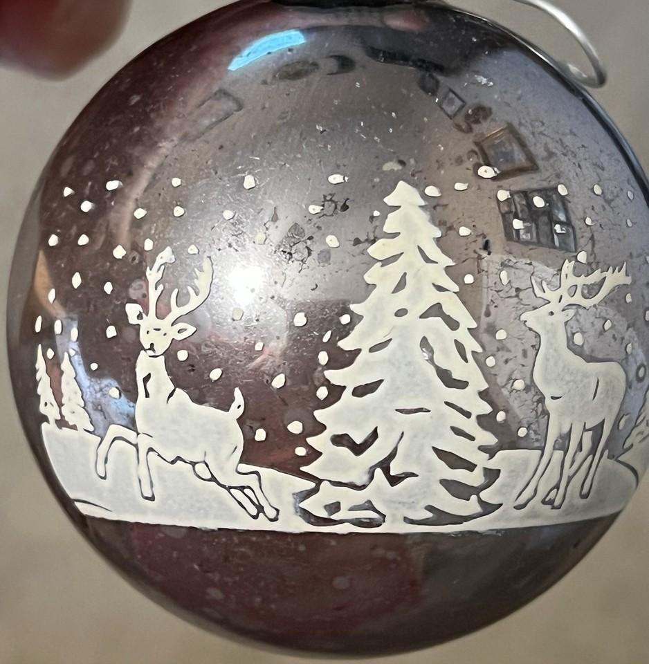 VTG 1950s Shiny Brite Ball Ornament Blue Silver Deer in Snow Trees ...
