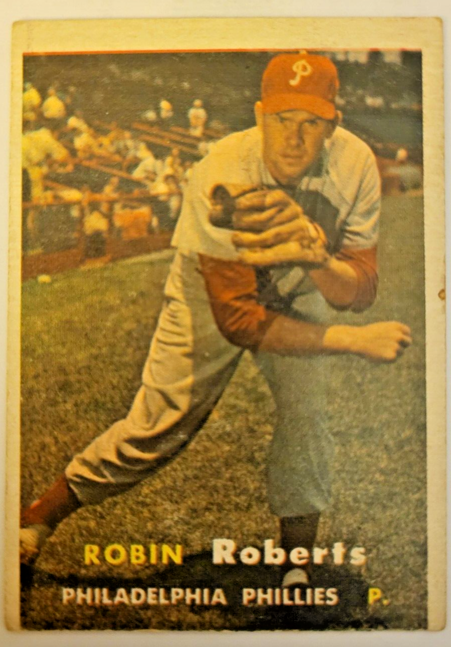 1957 Topps Robin Roberts baseball card, #15 in the set. Hall of Fame ...