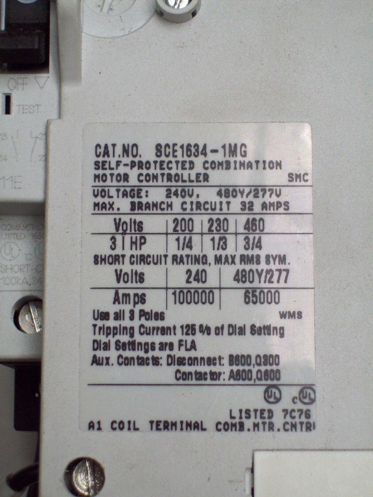 SIEMENS SCE1634-1MG SELF PROTECTED COMBINATION MOTOR CONTROLLER STARTER ...