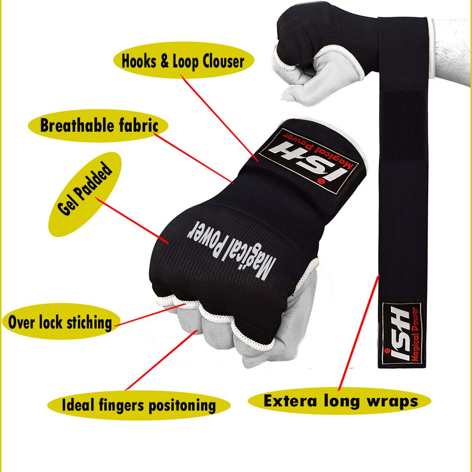 Gel Inner Gloves With Wrist Hand Wraps Padded MMA Boxing Muay Thai PAIR ...