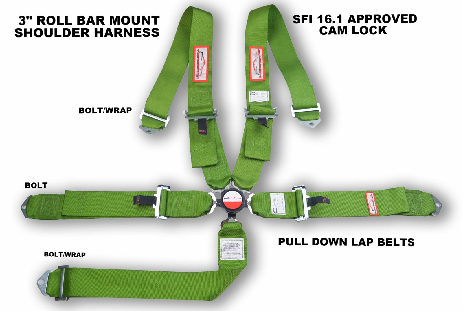 "3"" Lime Green Racing Harness 5 Point Cam Lock Roll Bar Mount | SFI 16 ...