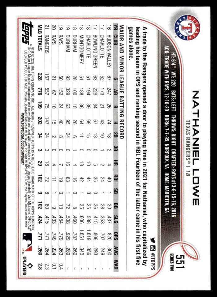 2022 Topps Baseball Card Nathaniel Lowe Texas Rangers #551 | eBay